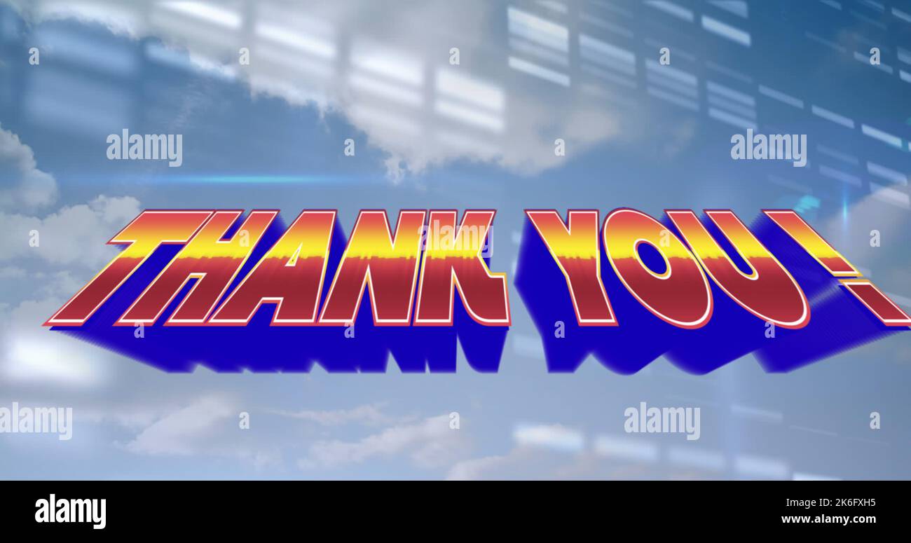 Composite of thank you text with illuminated graphs over cloudy sky in ...