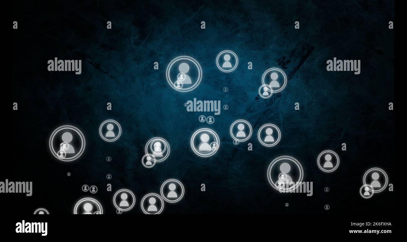 Illustration of floating profile icons against black background, copy ...