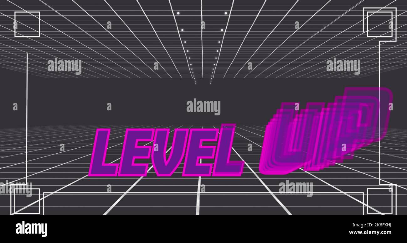 Illustration of level up text in view finder with grid pattern on gray background, copy space ...