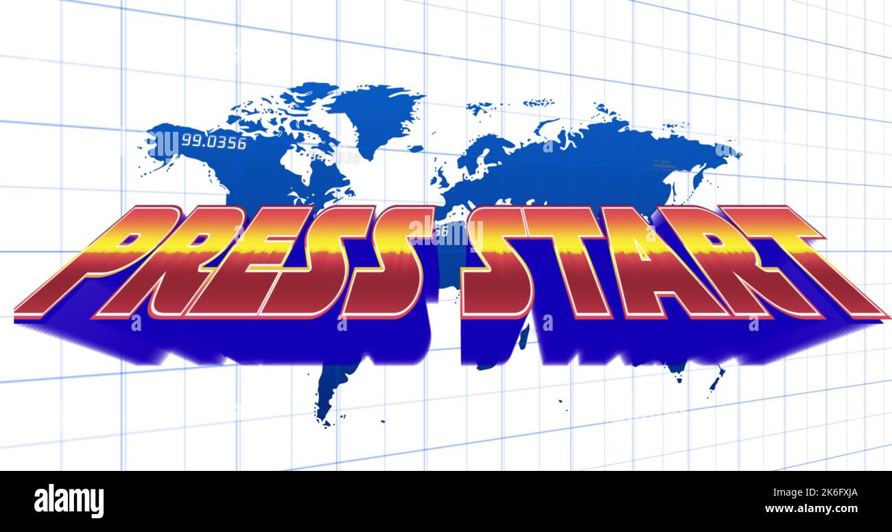 Illustration of press start text over digital map with numbers against ...