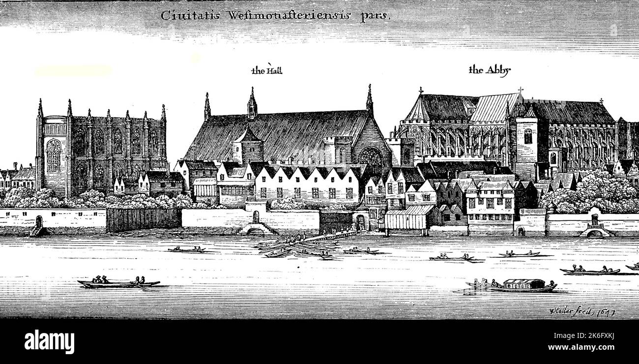 Westminster zur Zeit von König Karl I., 1620, mit Parlament, the Hall ...