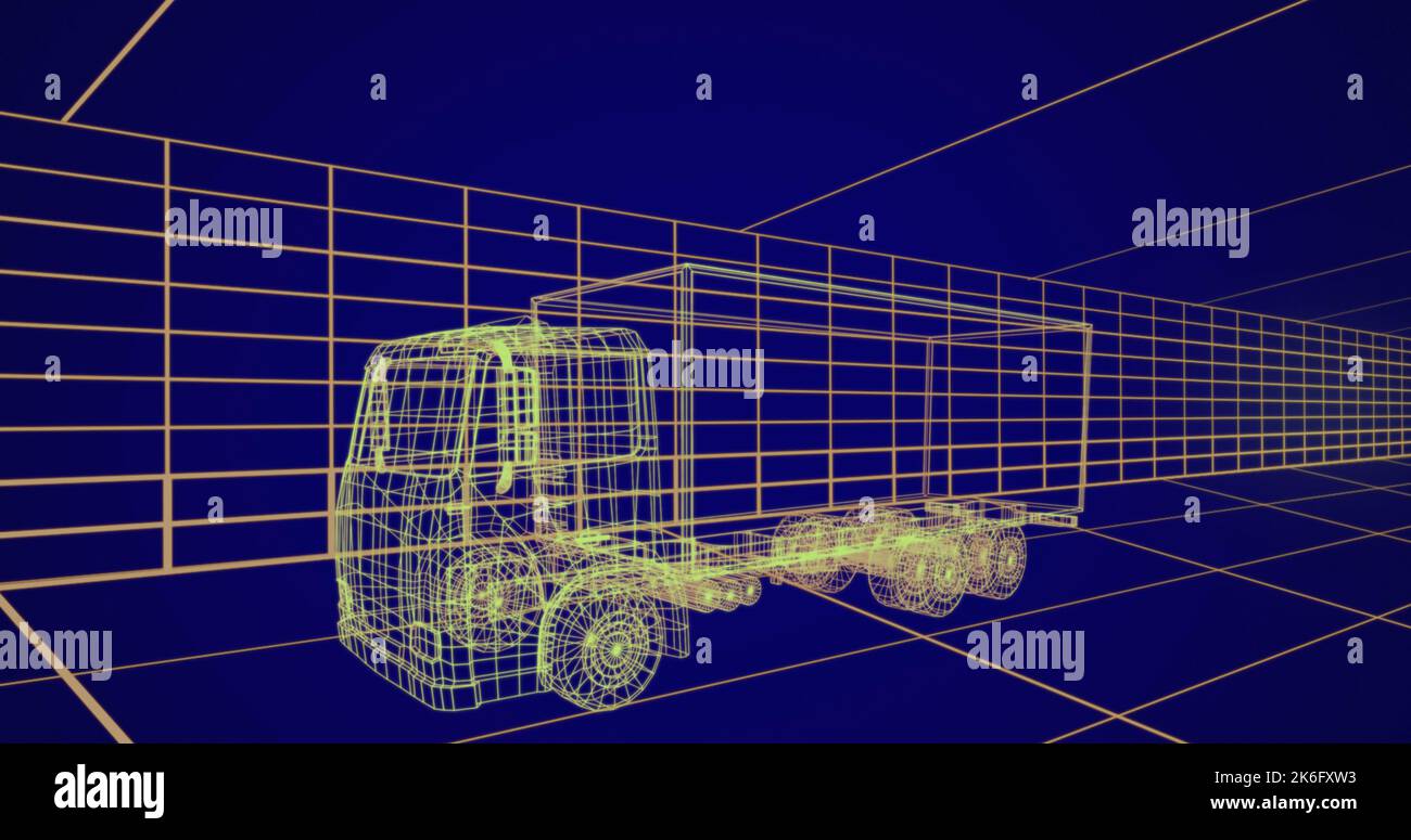 Illustration of 3d model of truck over grid pattern against blue ...