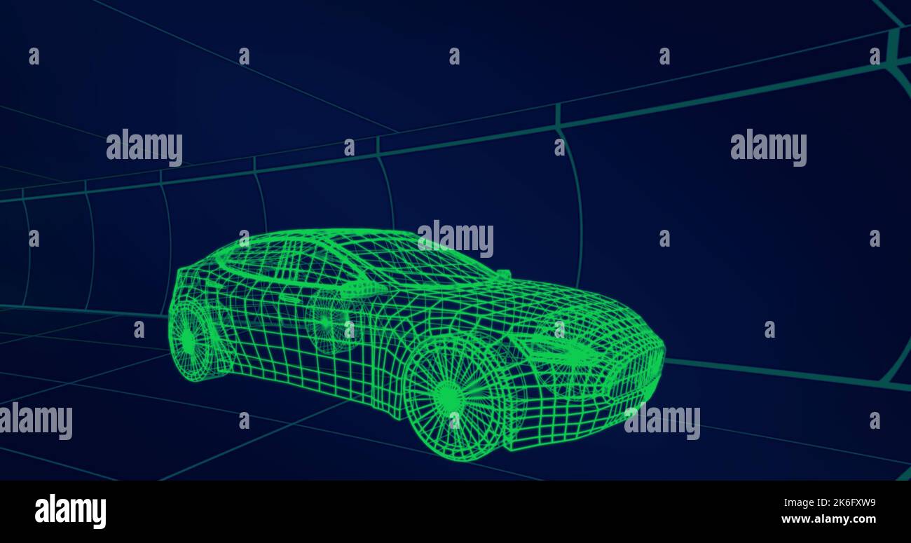 Illustration of 3d model car with green grid pattern against blue ...
