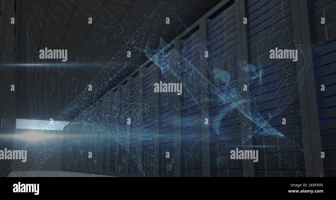 Composite of illuminated connected low over low angle view of server ...