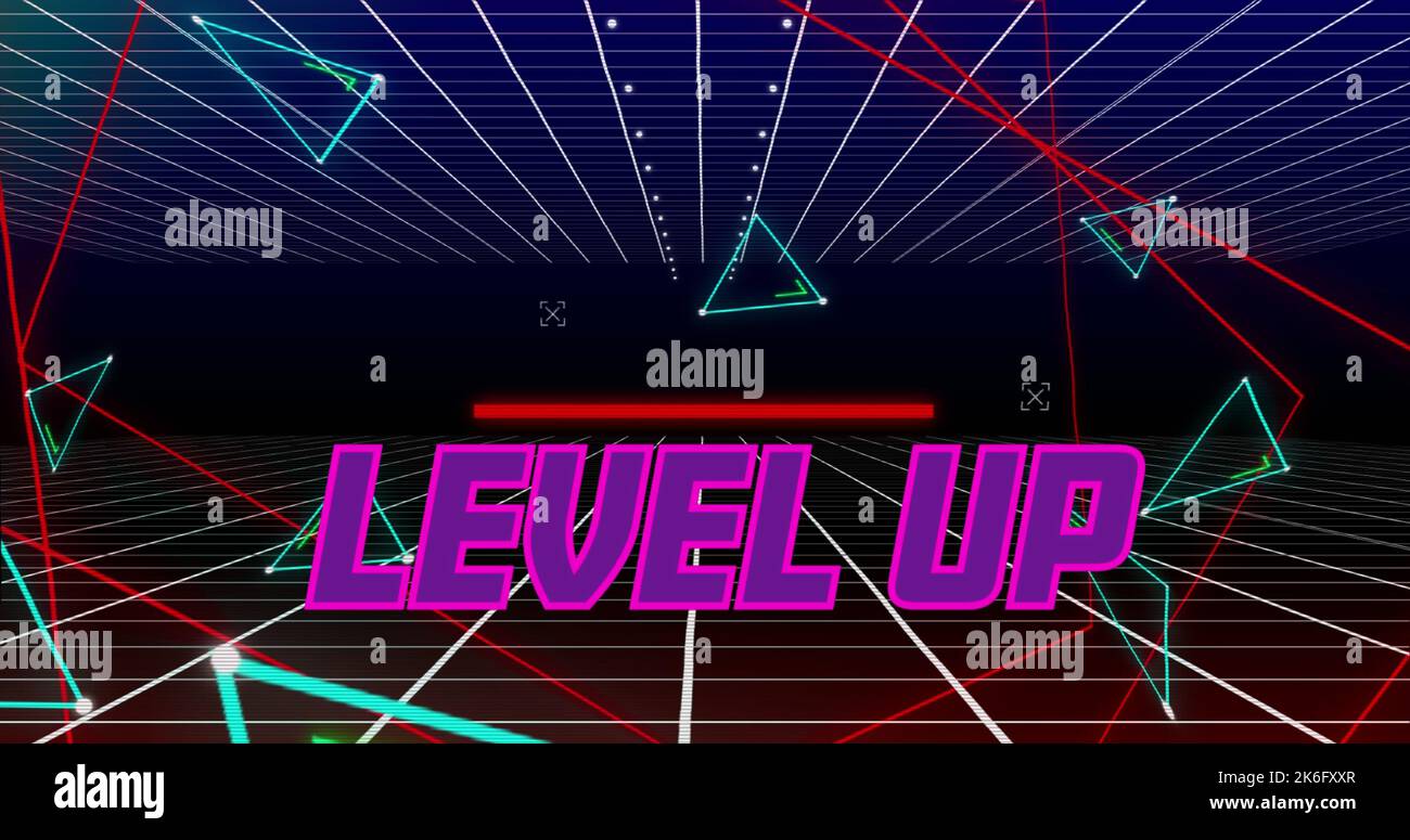 Illustration of level up text with geometric shapes and grid pattern ...