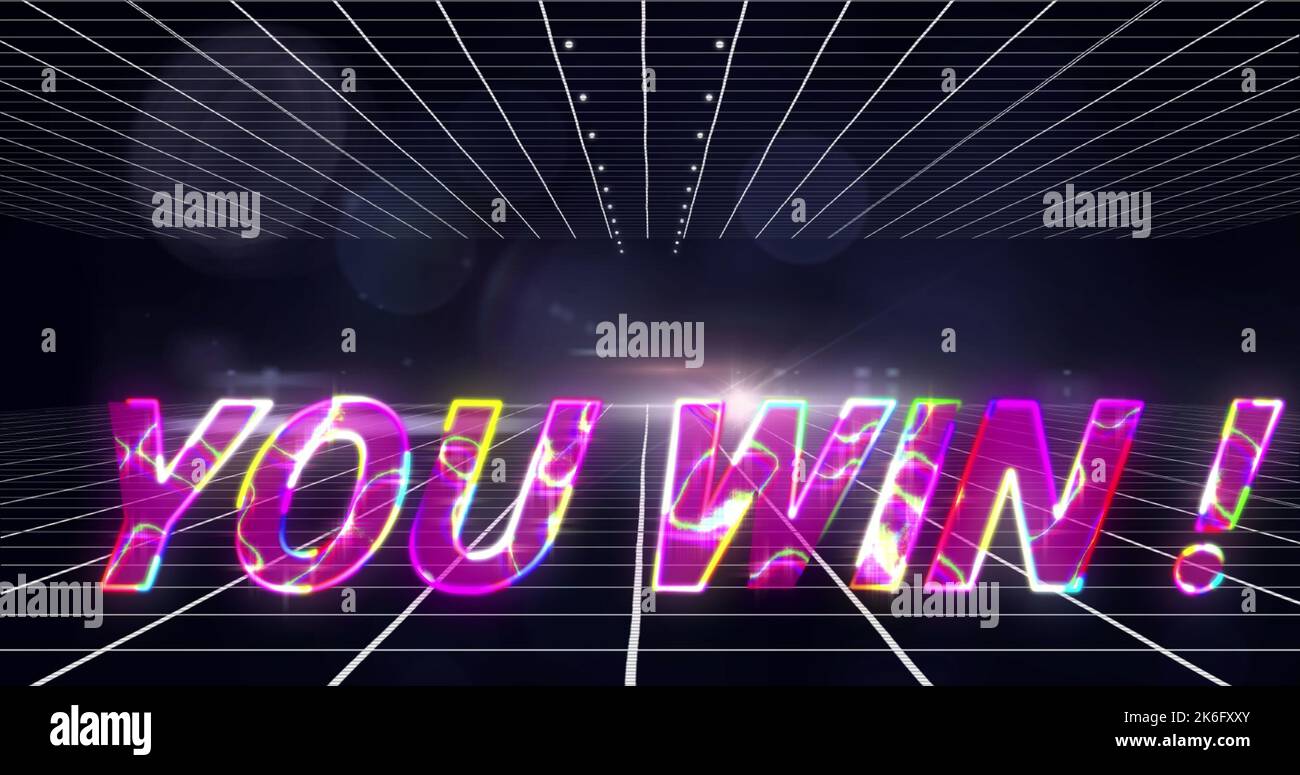 Illustration of multicolored you win text with lens flare and grid ...