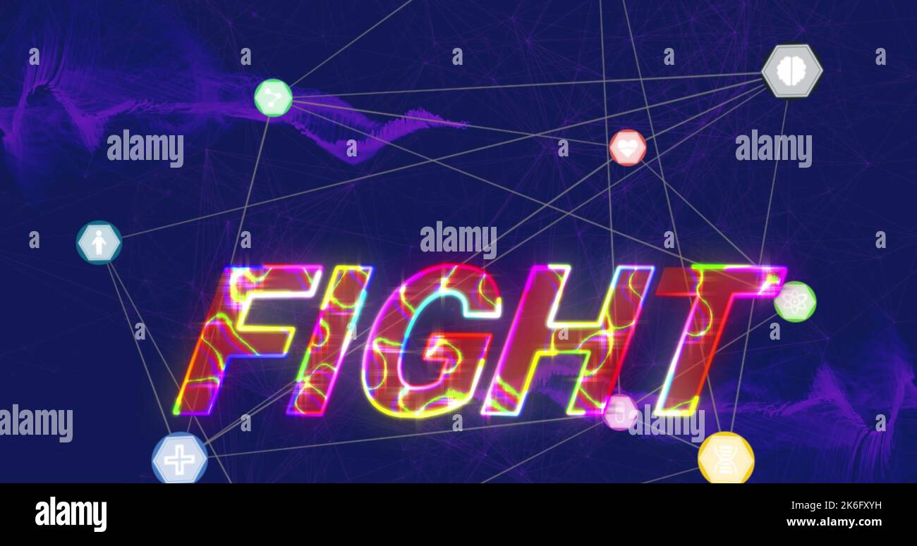 Illustration of illuminated colorful fight text and dots connected with ...