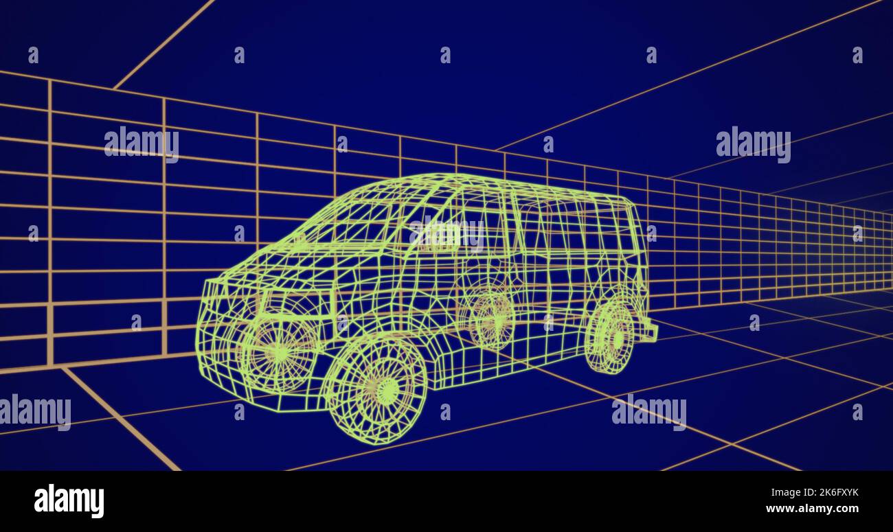 Illustration of 3d model of car over grid pattern against blue ...