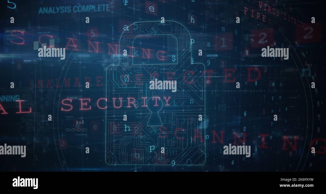 Illustration of multiple words, letters and circuit board patterned padlock over abstract ...