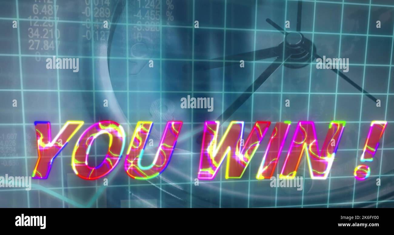 Composite of illuminated you win text with grid pattern and numbers ... Composite of illuminated you win text with grid pattern and numbers ...