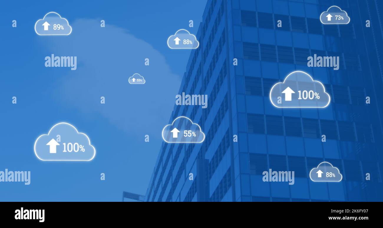 Multiple numbers with percentage and up arrow sign in clouds over low ...