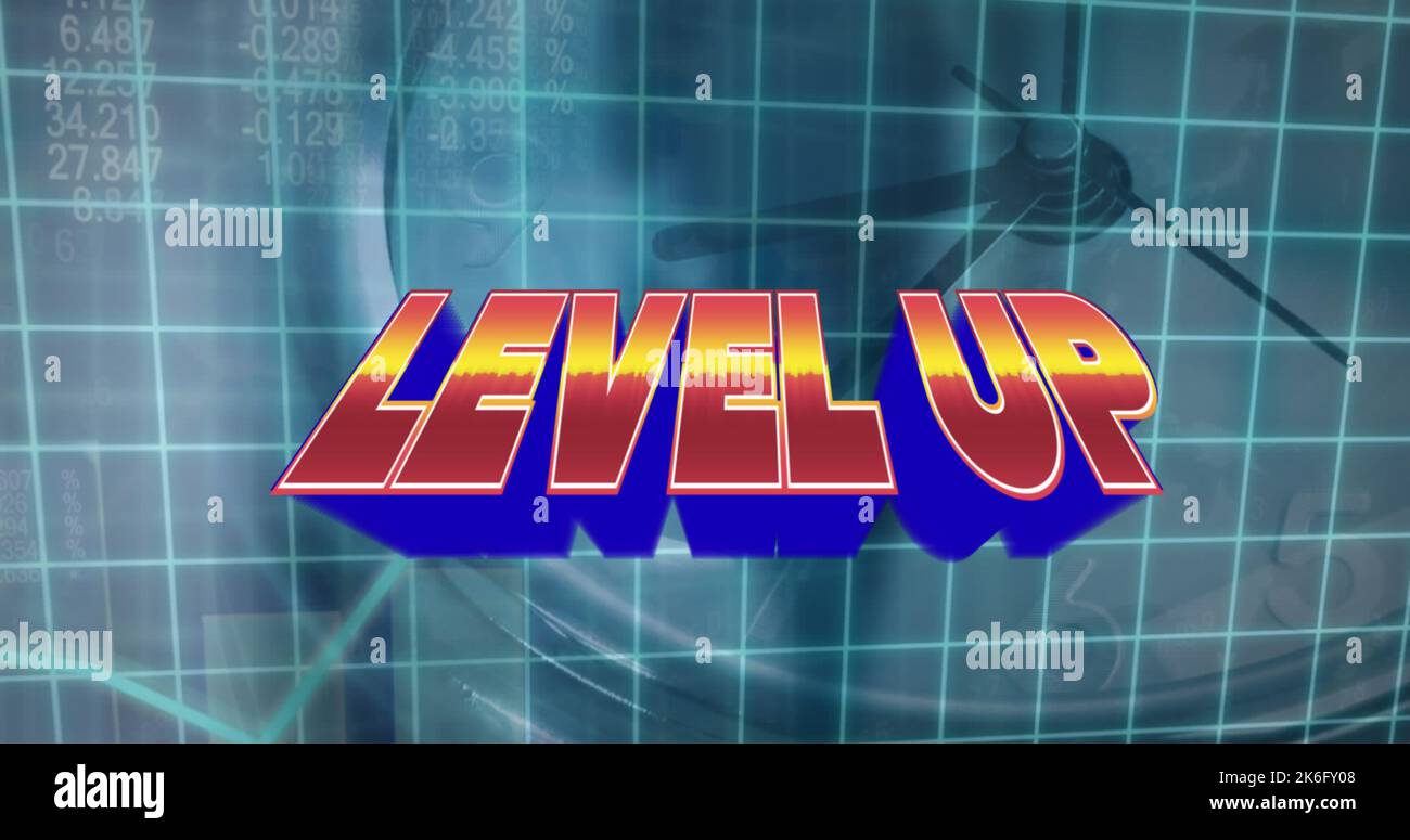 Composite of level up text with grid pattern and numbers over clock in background, copy space ...