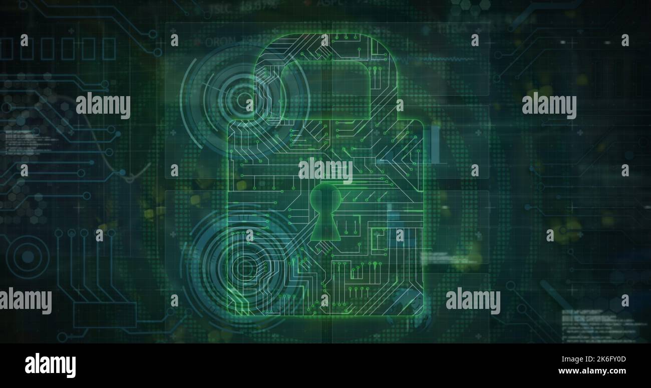 Illustration of circles with circuit board patterned padlock and database over abstract ...