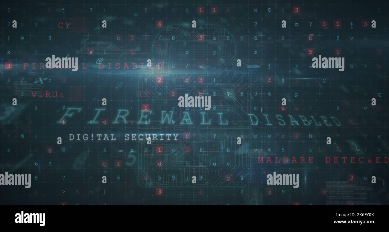 Illustration of multiple words, lens flare and digital padlock over ...