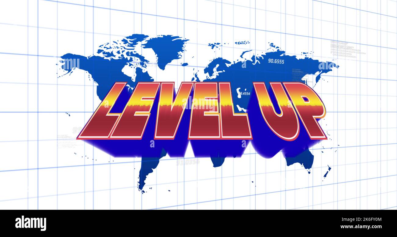 Illustration of red level up text with map, numbers and grid pattern on ...