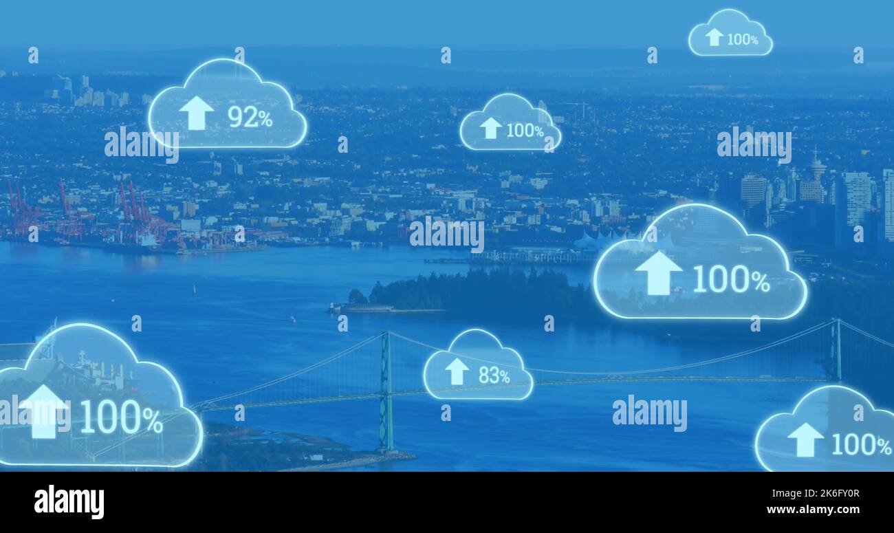 Composite of numbers with percentage and up arrow signs in clouds over ...