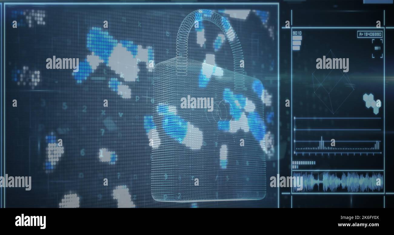 Illustration of pixelated digital capsules with padlock and sound waves ...