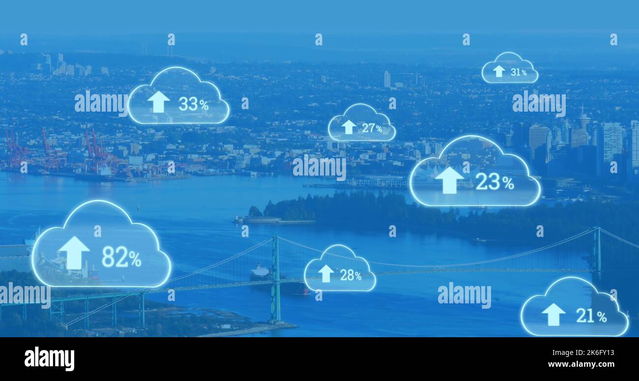 Composite of numbers with up arrow and percentage signs in clouds over ...