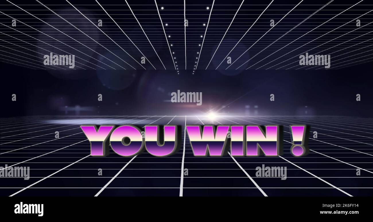 Illustration of you win text with lens flare and grid pattern against ...