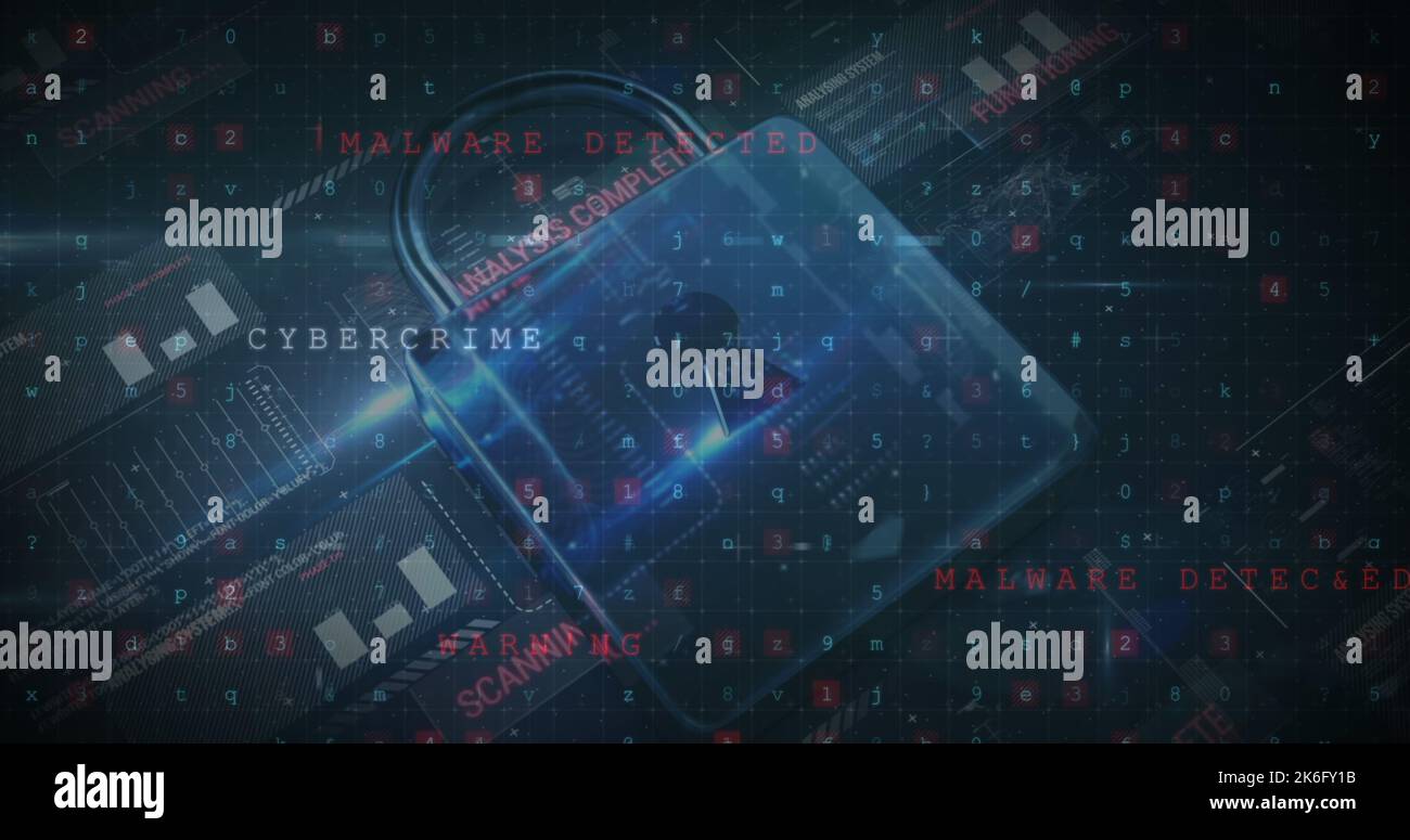 Illustration of multiple words, letters and numbers over padlock and ...