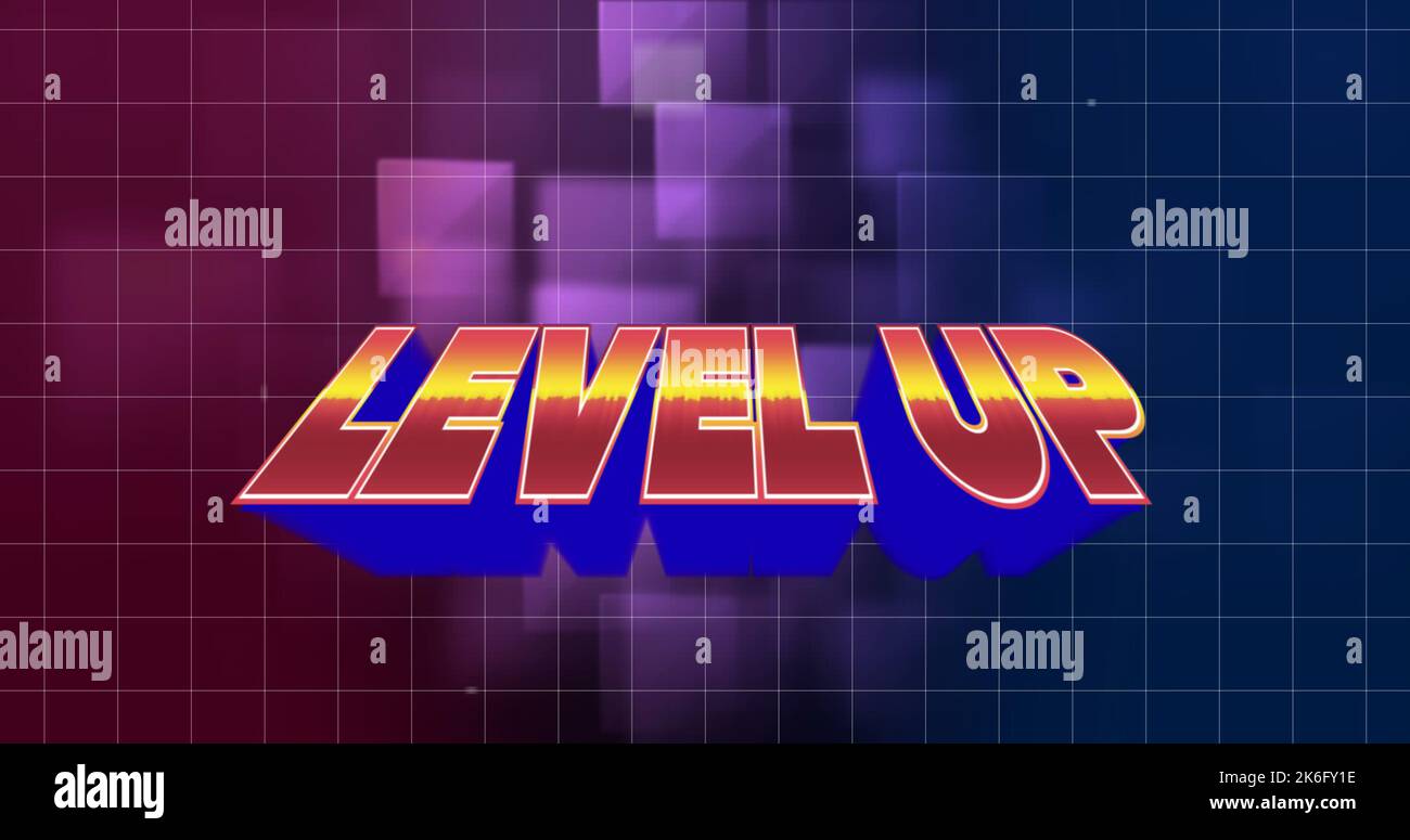 Illustration of level up text with geometric shapes and grid pattern ...