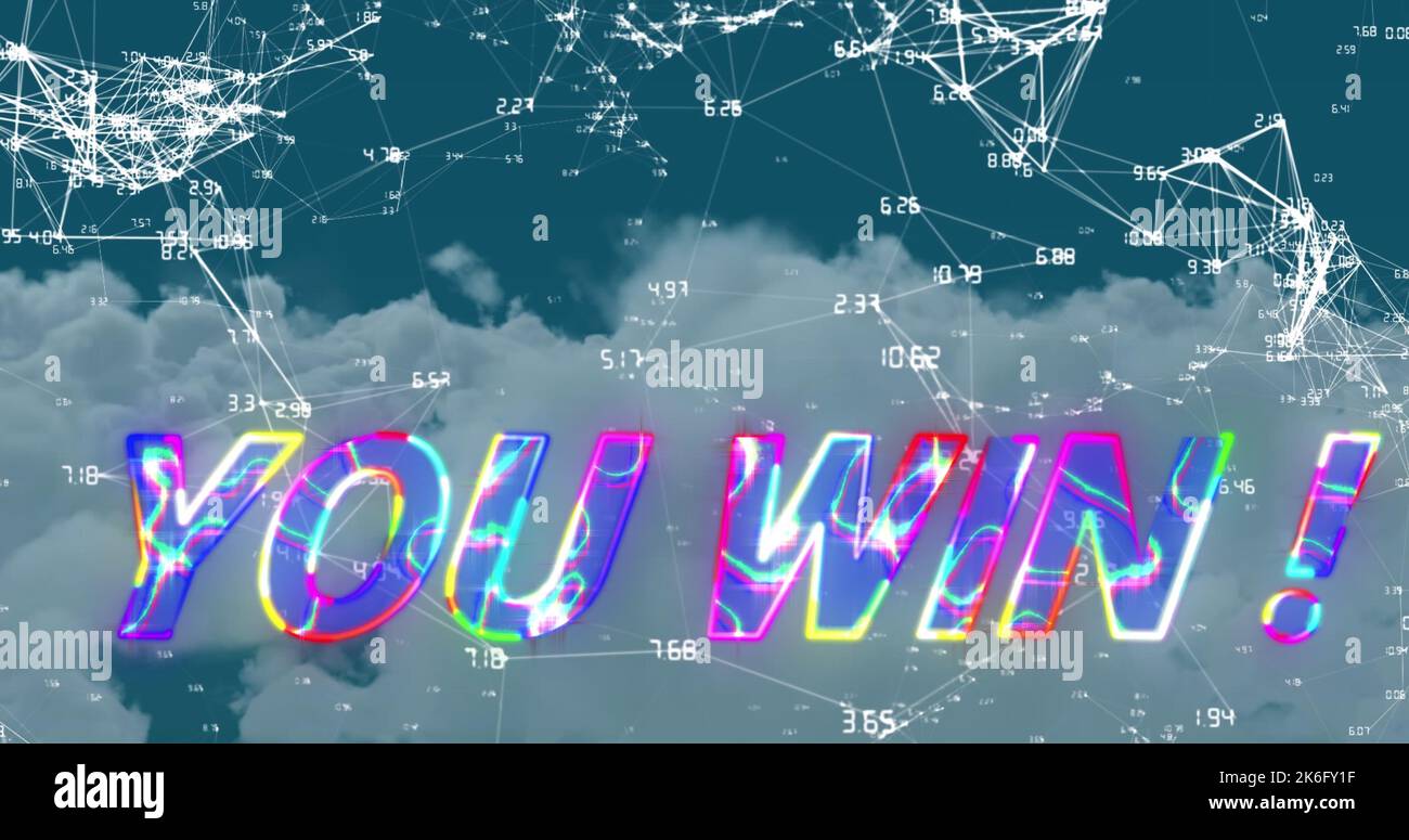 Composite of you win text, connected dots forming geometric shapes with ...