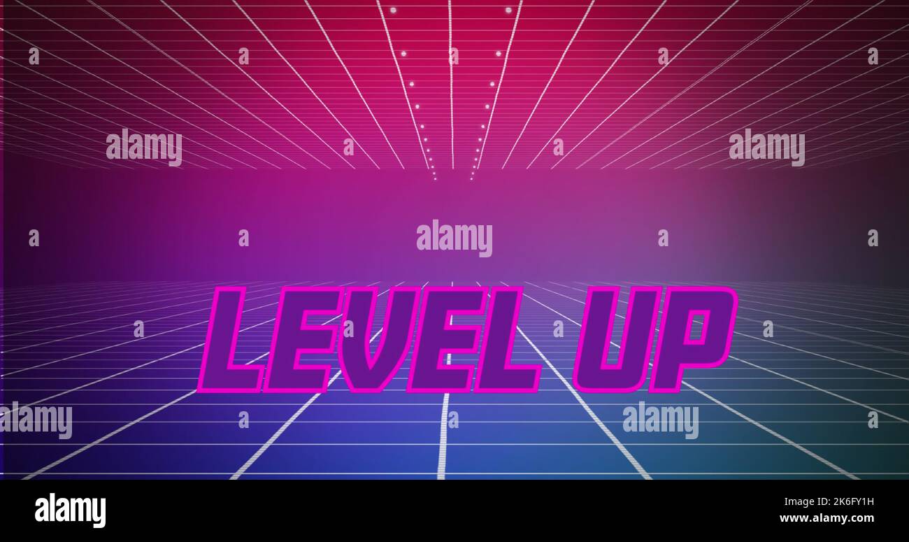 Illustration of level up text with grid pattern against gradient background, copy space Stock ...
