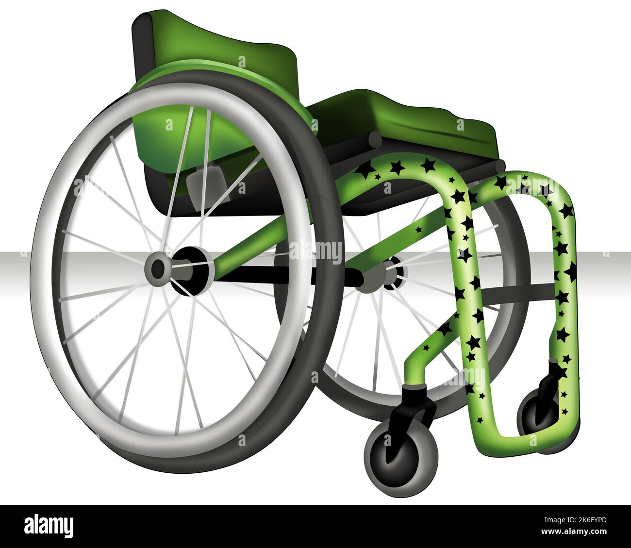 A 3D illustration of a green wheelchair with a grey and white ...