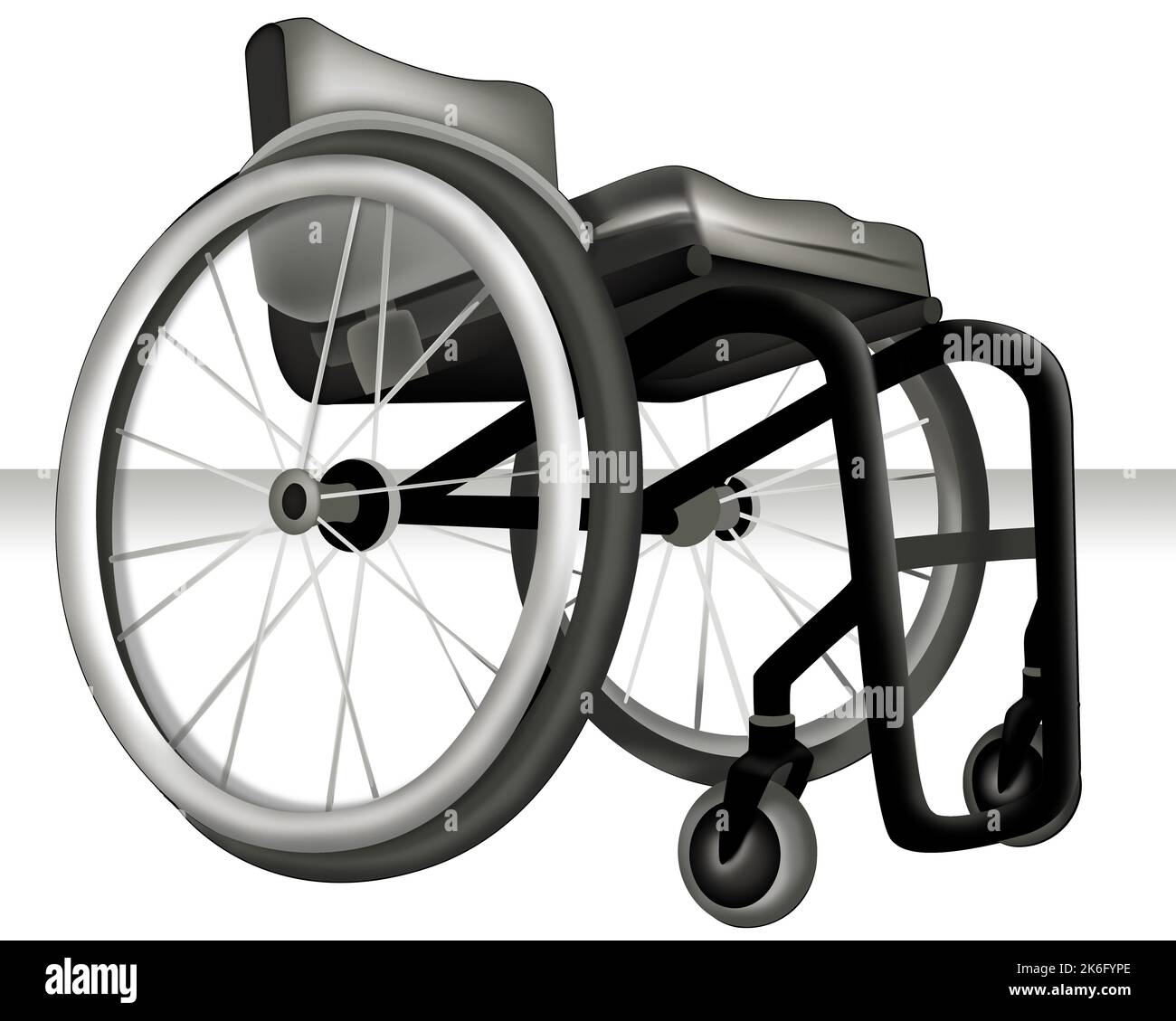 A 3D illustration of a grey wheelchair with a grey and white background ...