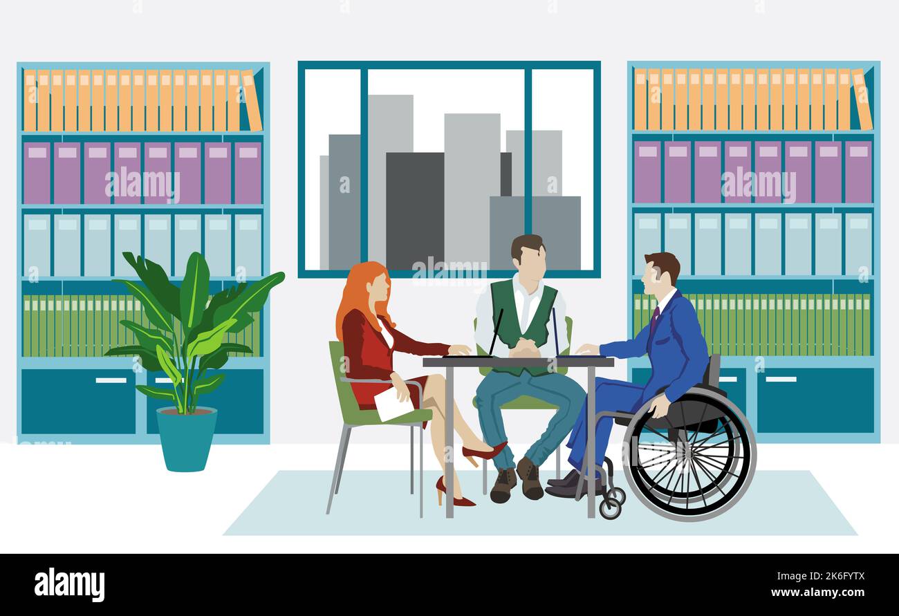 Three persons in a business meeting, one uses a wheelchair with a ...