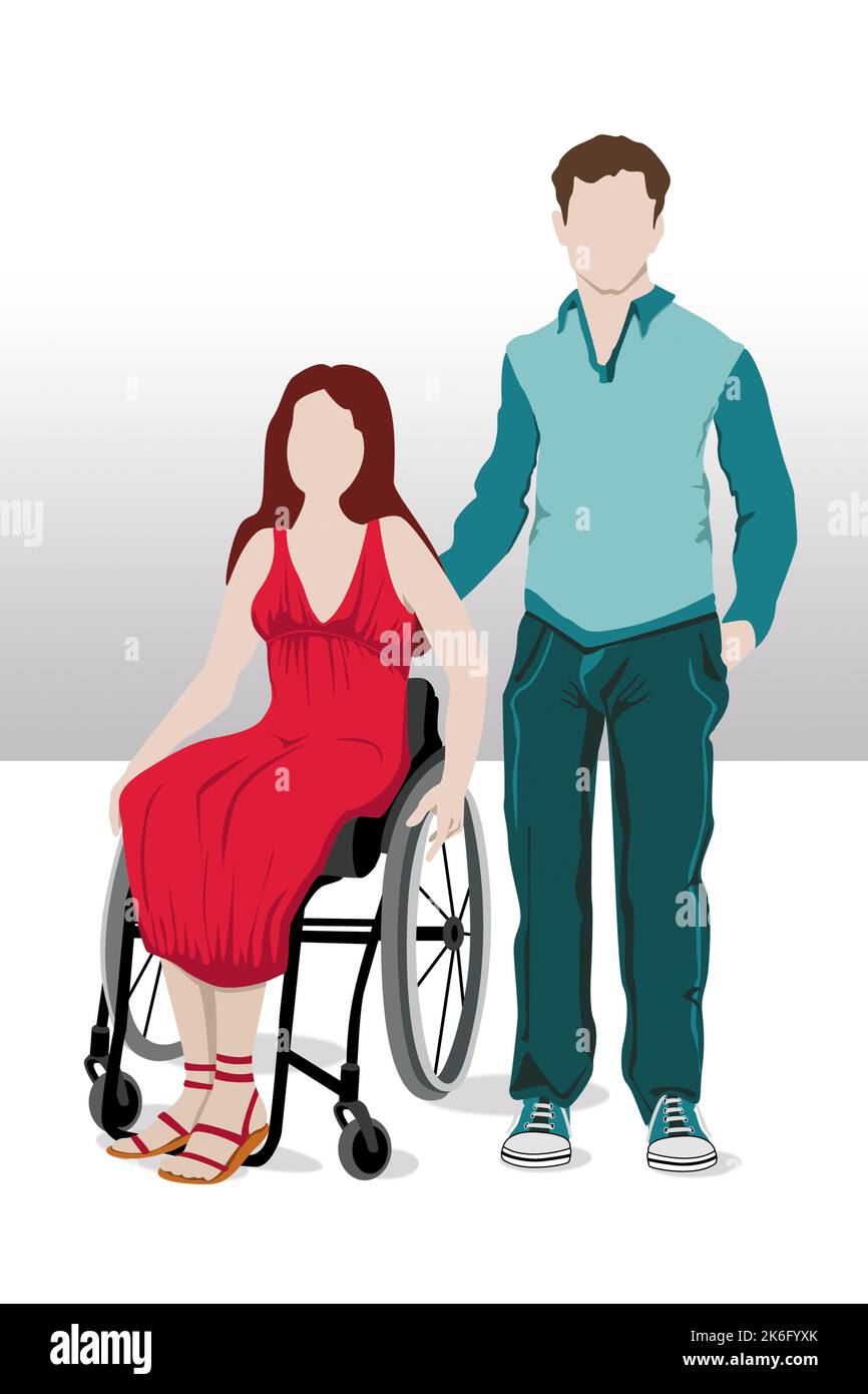 A woman with spinal cord injury, sitting on a wheelchair and her ...