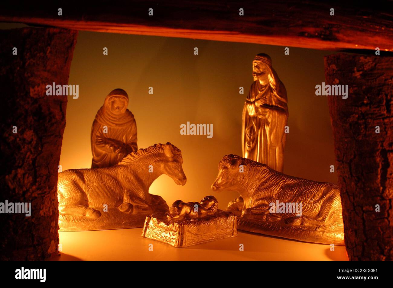 Christmas nativity scene with Jesus, Mary, Joseph, ox and donkey Stock ...