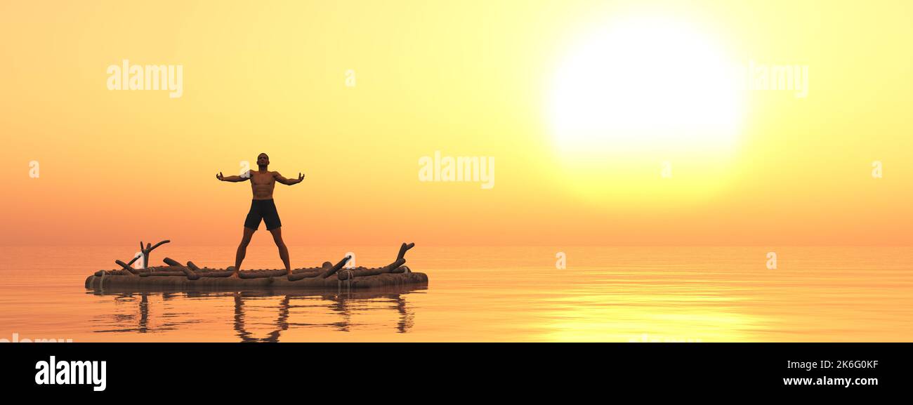 Castaway on a raft at sunset Stock Photo - Alamy