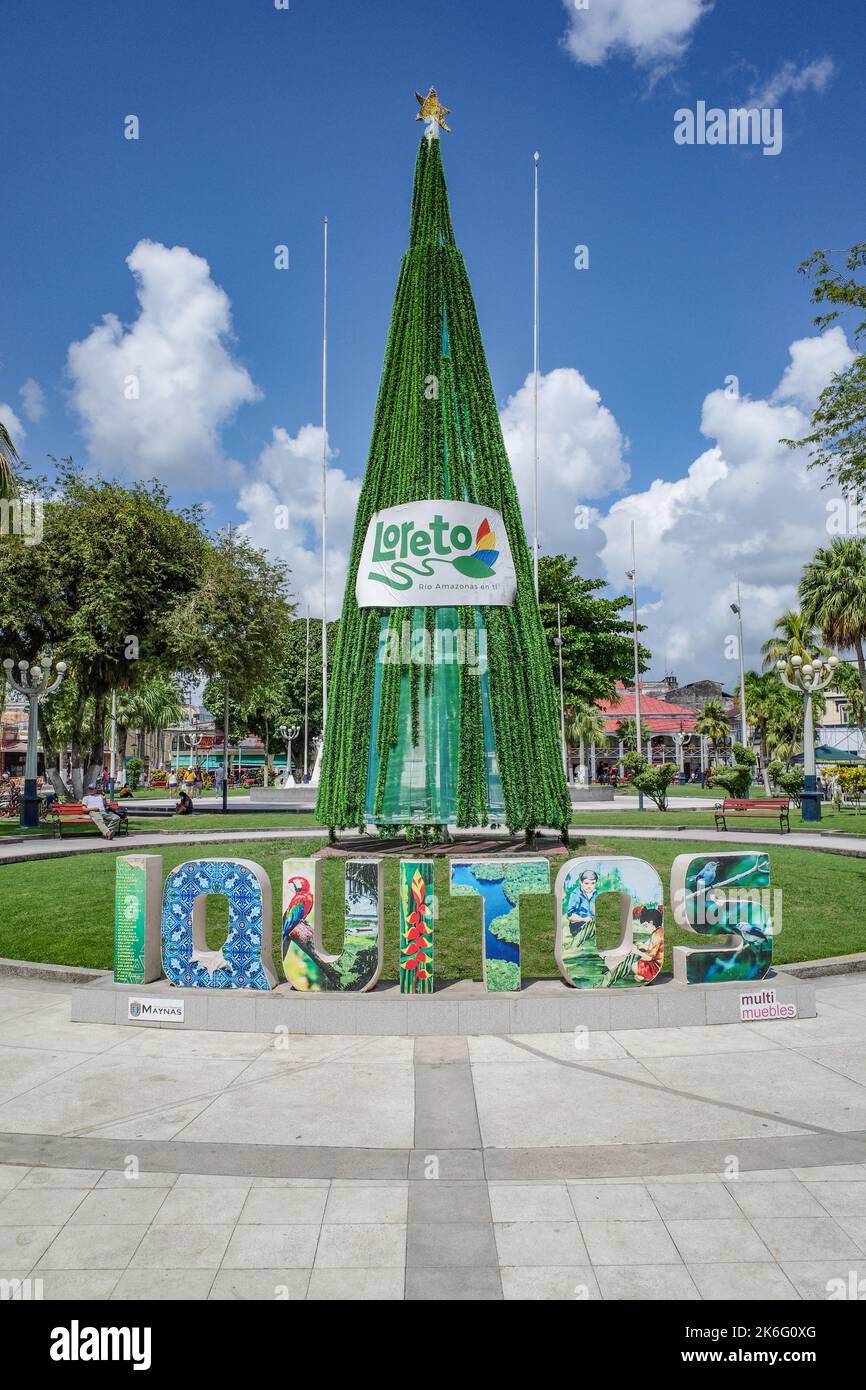 Iquitos, Peru - 27 June, 2022: Sign welcoming visitors to the Amazonian ...