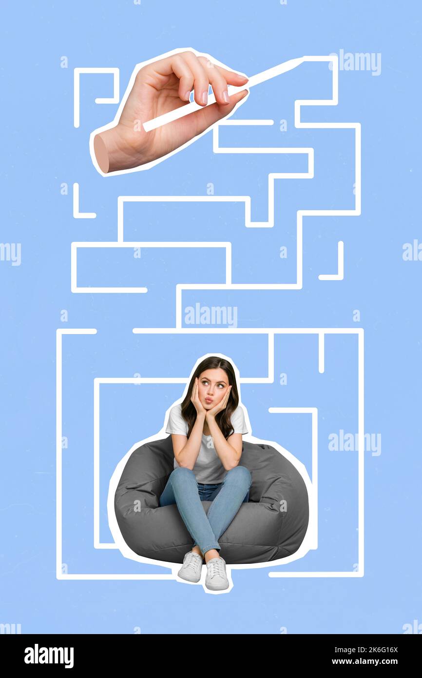 3d retro abstract creative artwork template collage of puzzled lady ...