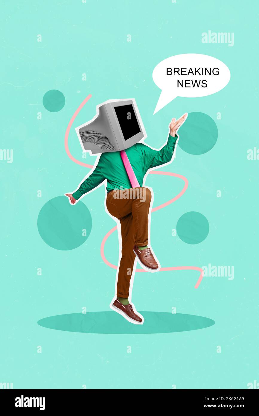 Vertical collage picture of crazy guy jumping vintage tv instead head ...