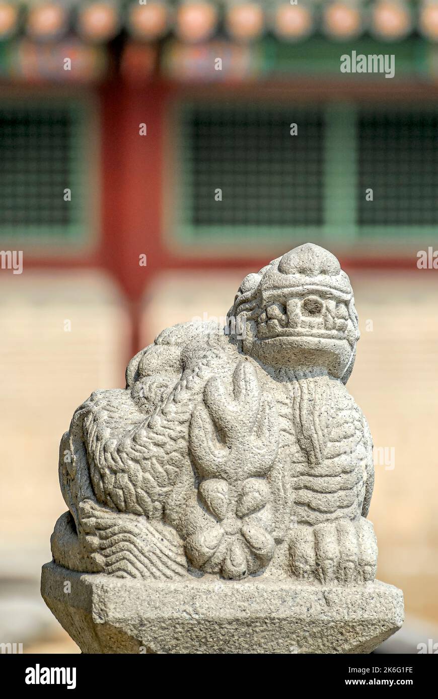 Closeup of a Haetae statue at the Gyeongbokgung Palace in Seoul, Korea ...
