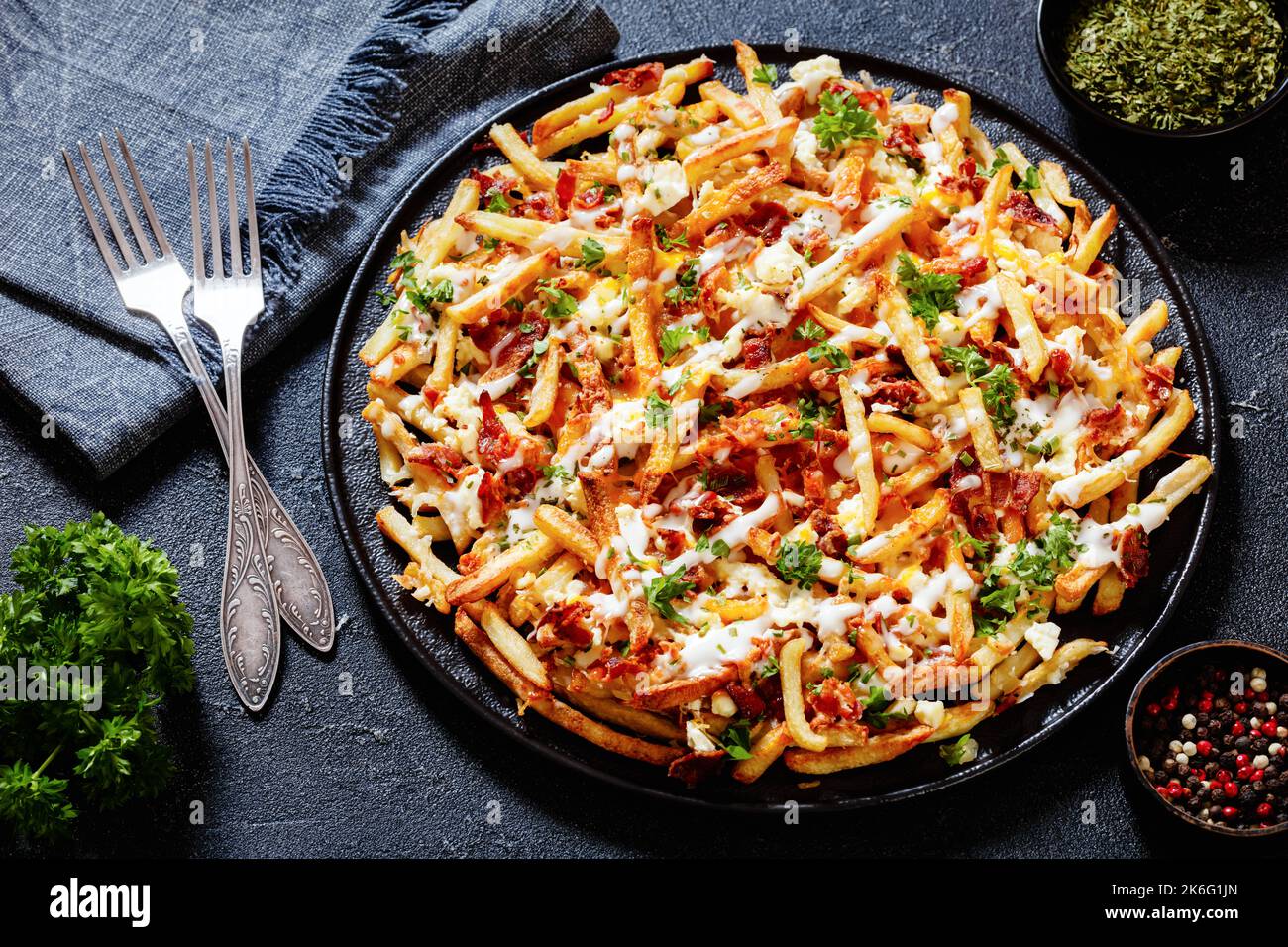 Bacon Mozzarella Feta Cheddar Cheese Fries with ranch dressing and ...