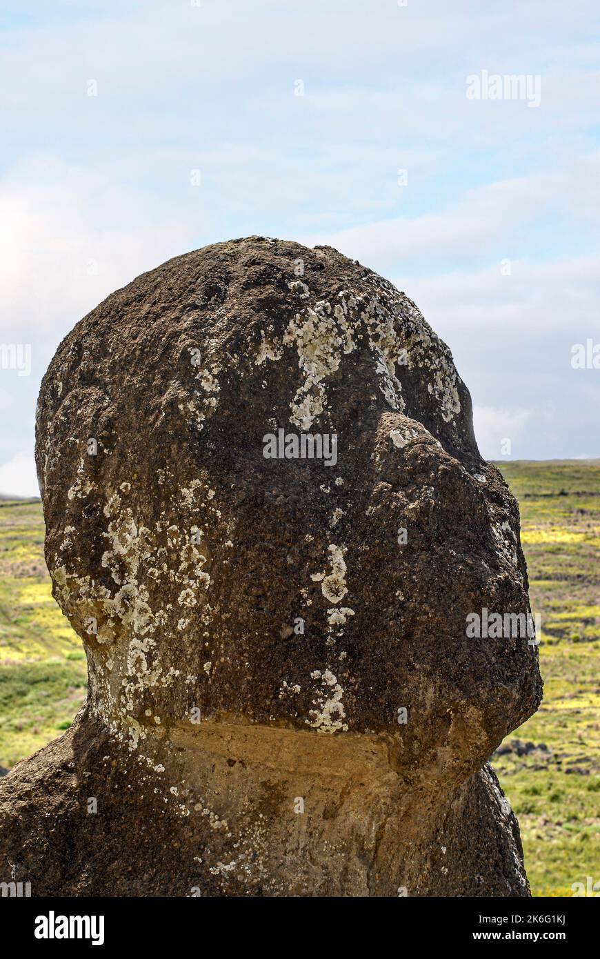 Closeup of the Tukuturi Moai sculpture on Rano Raraku Mountain on ...