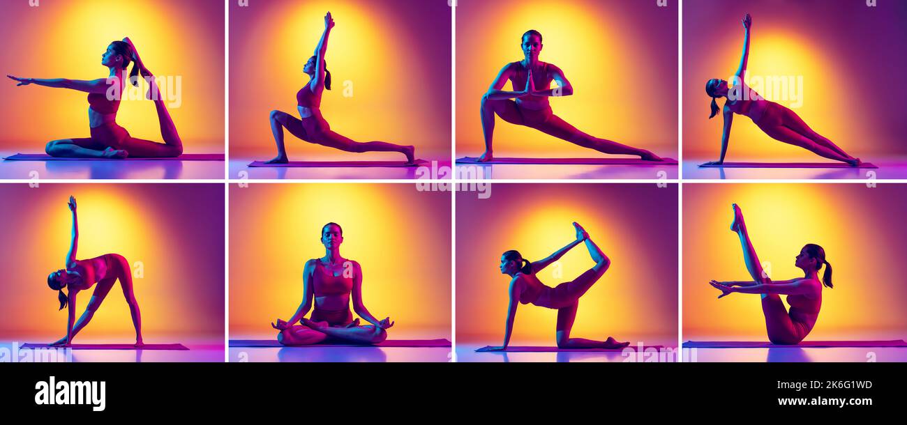 Collage. Young sportive girl doing yoga and stretching exercises ...