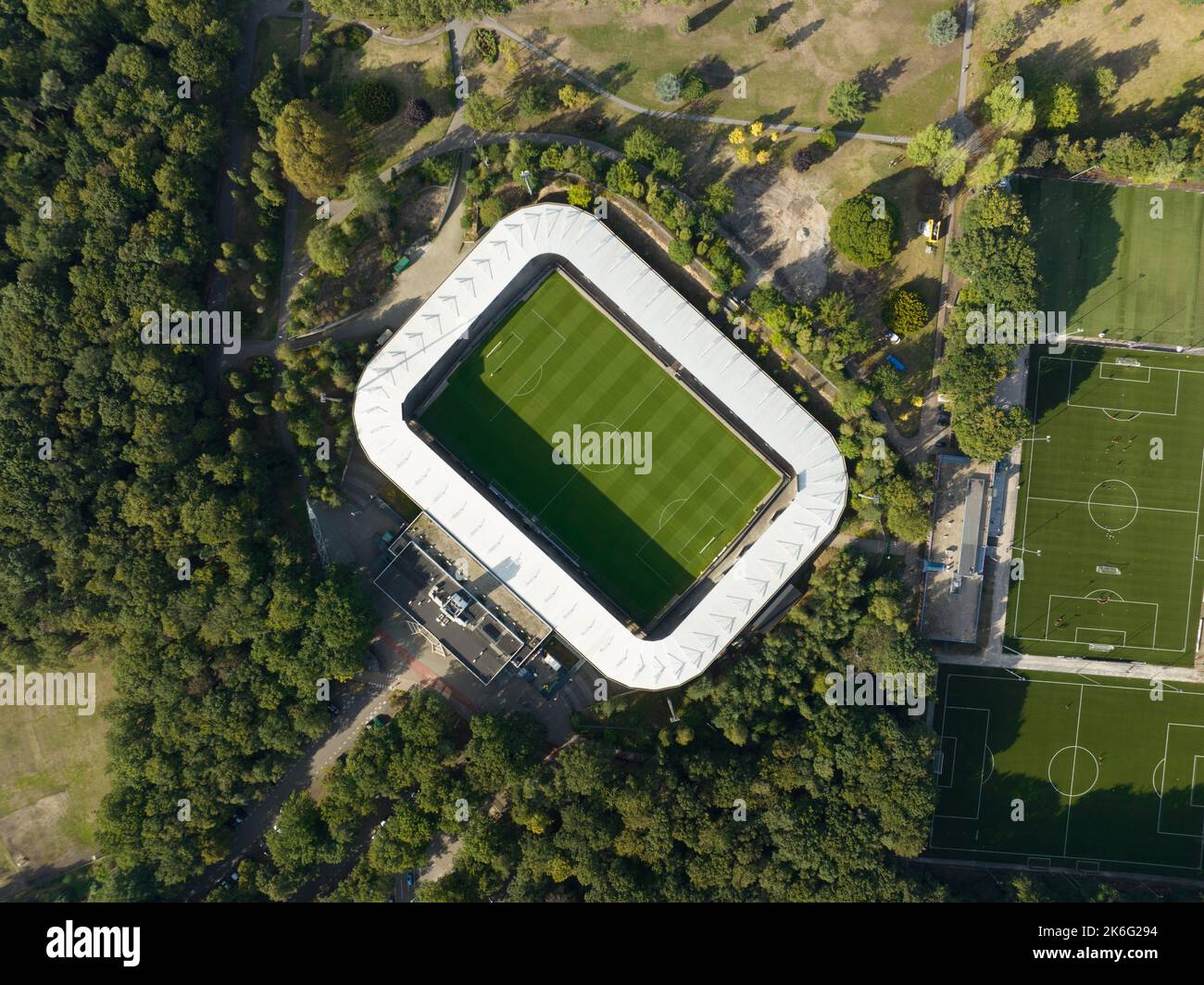 Soccer football stadium top down overhead Aerial in forrest park. Green ...