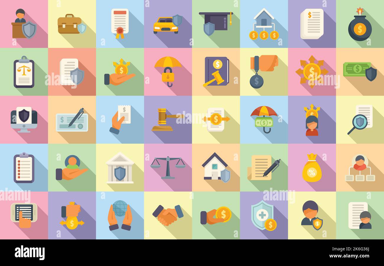 Liability icons set flat vector. Longevity annuity. Bill agreement ...