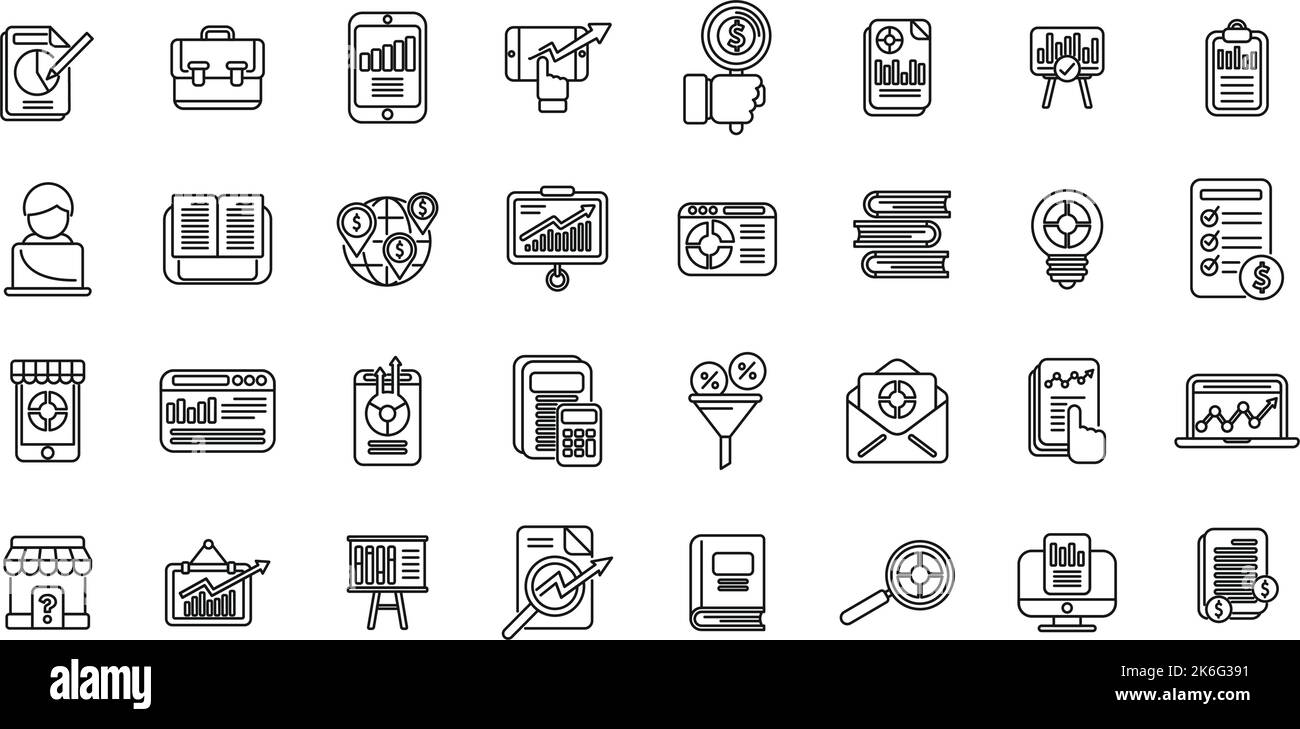 Market studies icons set outline vector. Economic analysis. Balance ...
