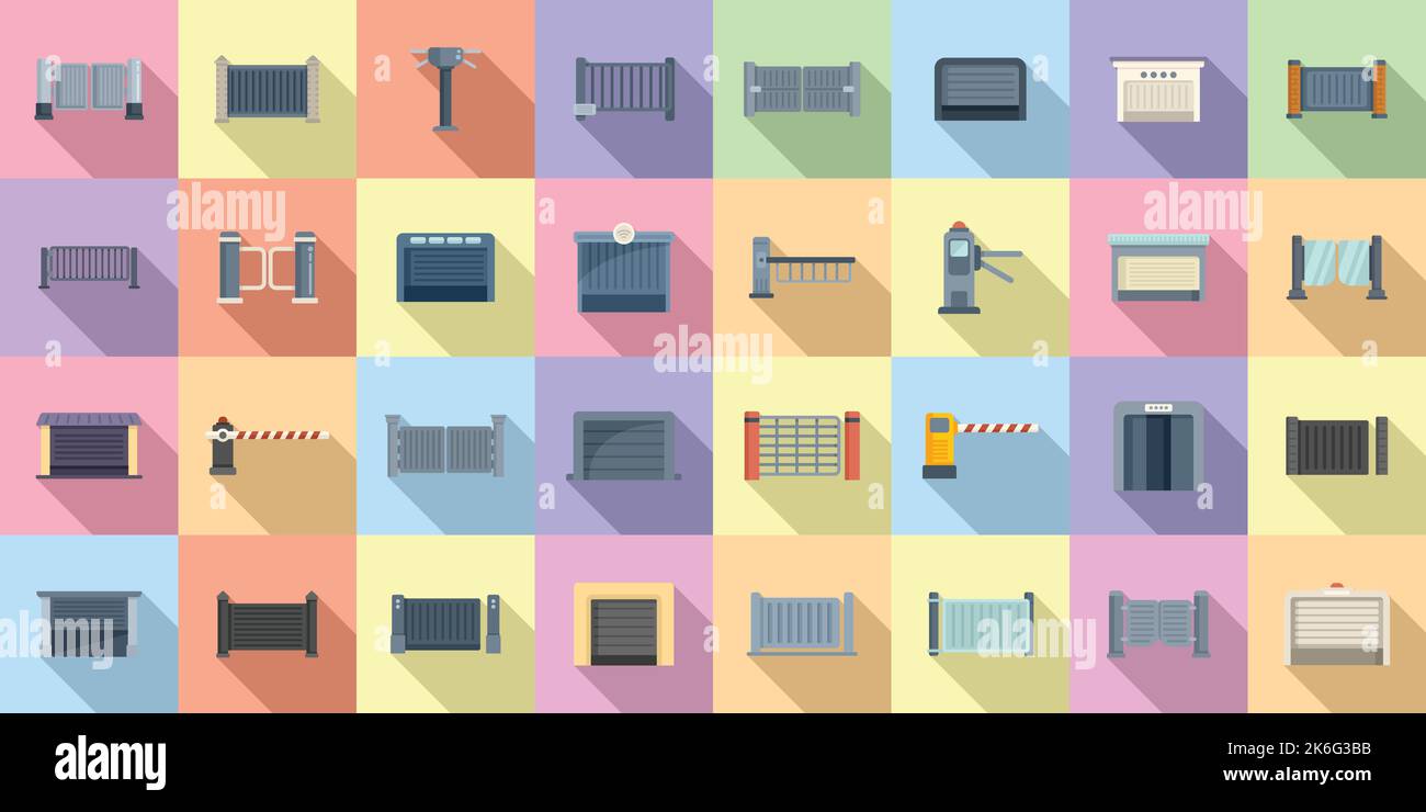 Automatic gate icons set flat vector. Electric door. Garage rolling ...
