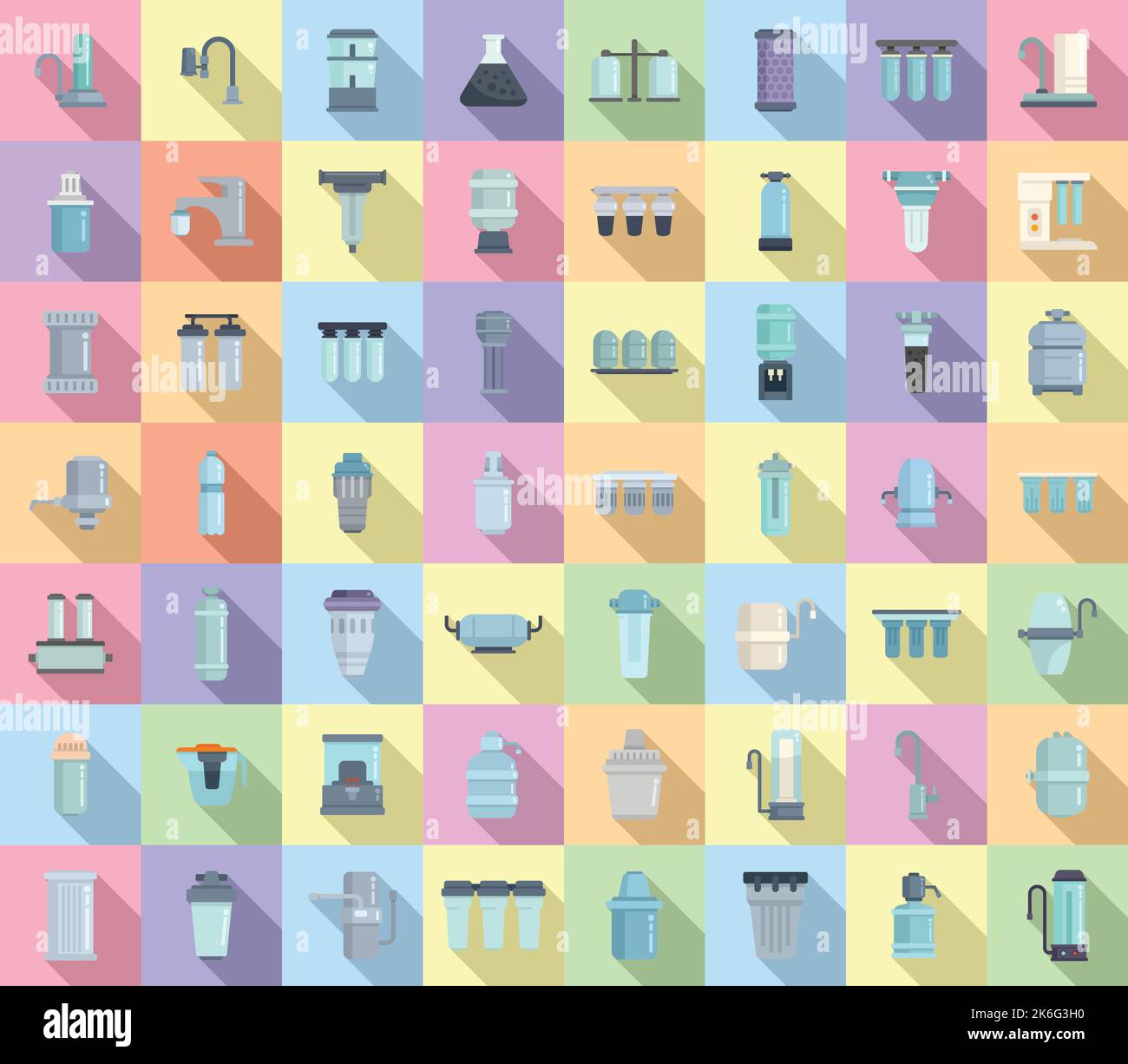 Equipment for water purification icons set flat vector. Filter treatment. Drink tank Stock ...