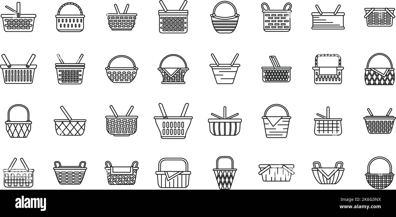 Picnic basket icons set outline vector. Fruit hamper. Food wicker Stock ...