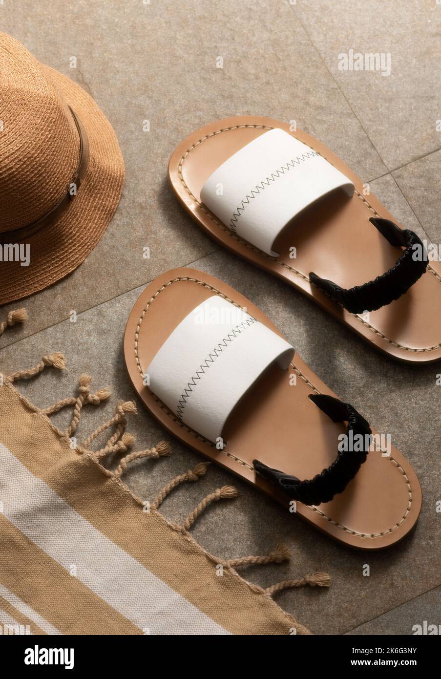 SUMMER FLAT SANDALS WITH WOMAN'S HAT AND SAND TOWER NEUTRAL COLOURS ...