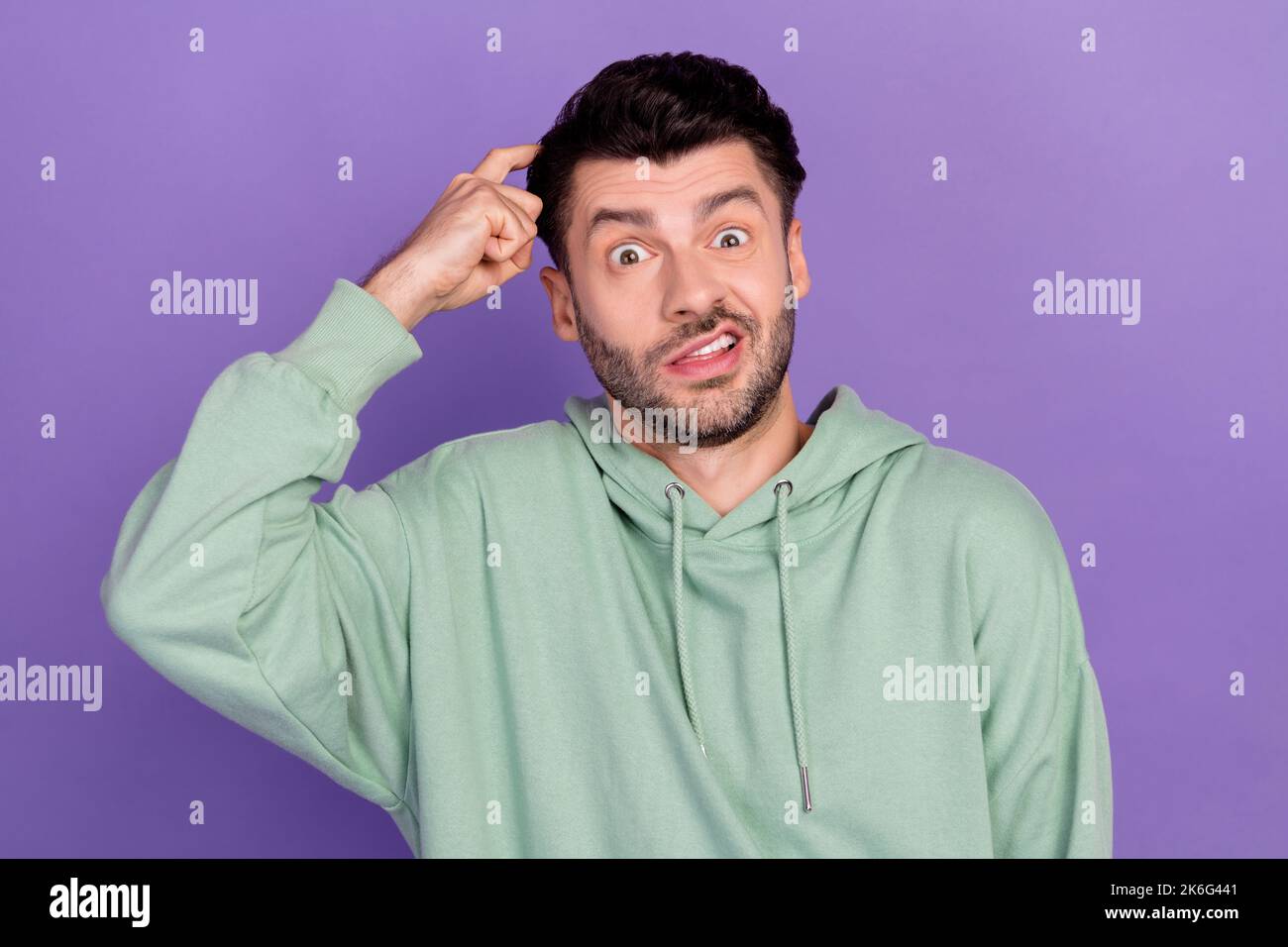 Closeup photo of young funny nervous stressed man scratch his head dont ...