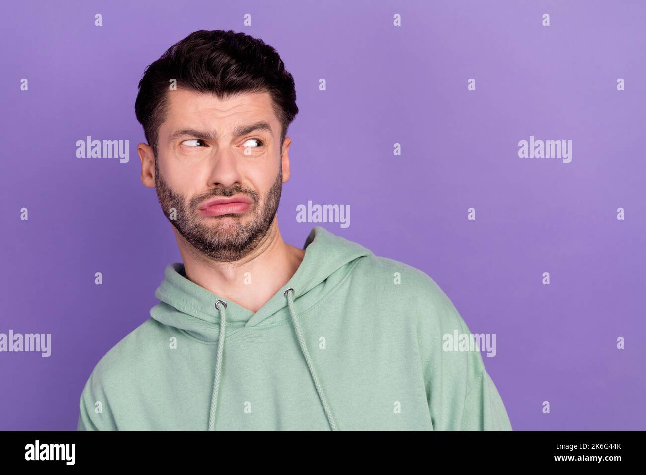 Closeup photo of youngster funny student man bristle brunet pouted lips ...