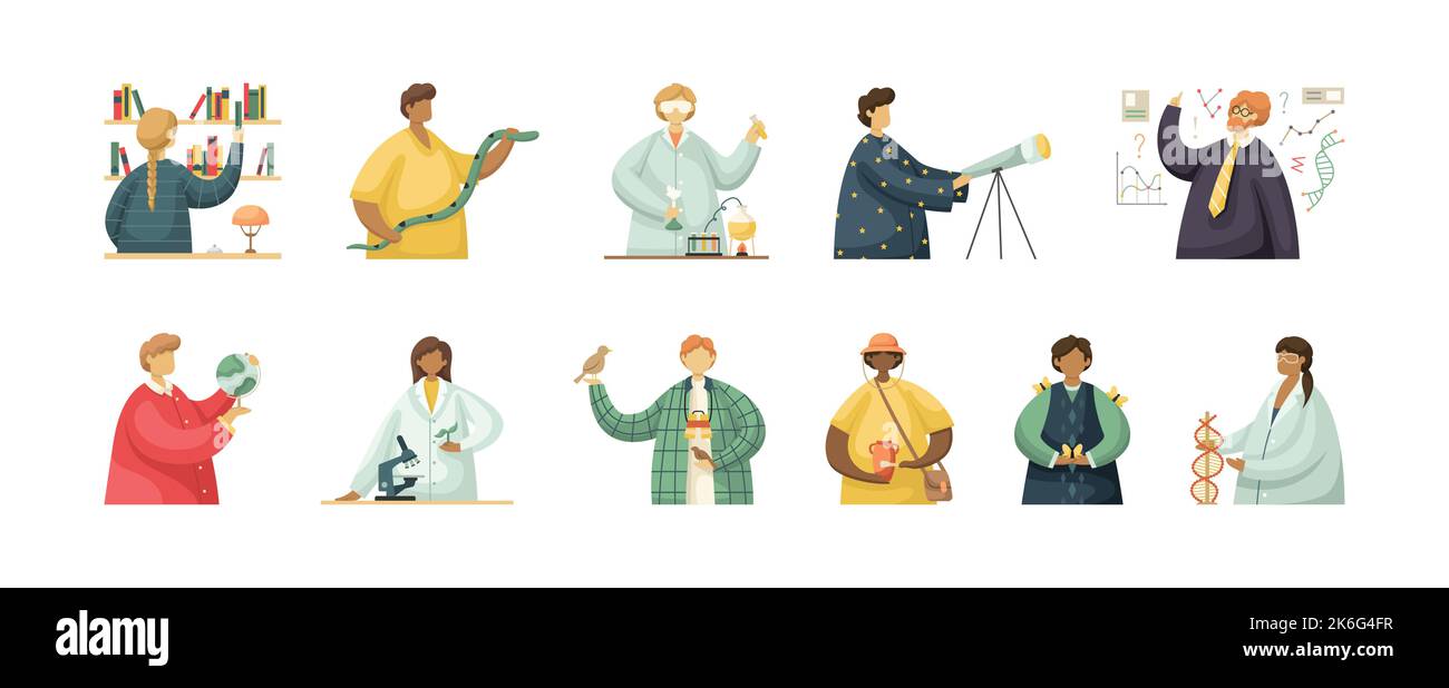 Vector set of illustrations of professional workers in the scientific ...